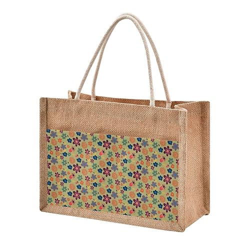 Jute Tote Burlap Bag Flowers Floral Elegant French Cute Green Gift Bag Women DIY Work Grocery Storage Bag