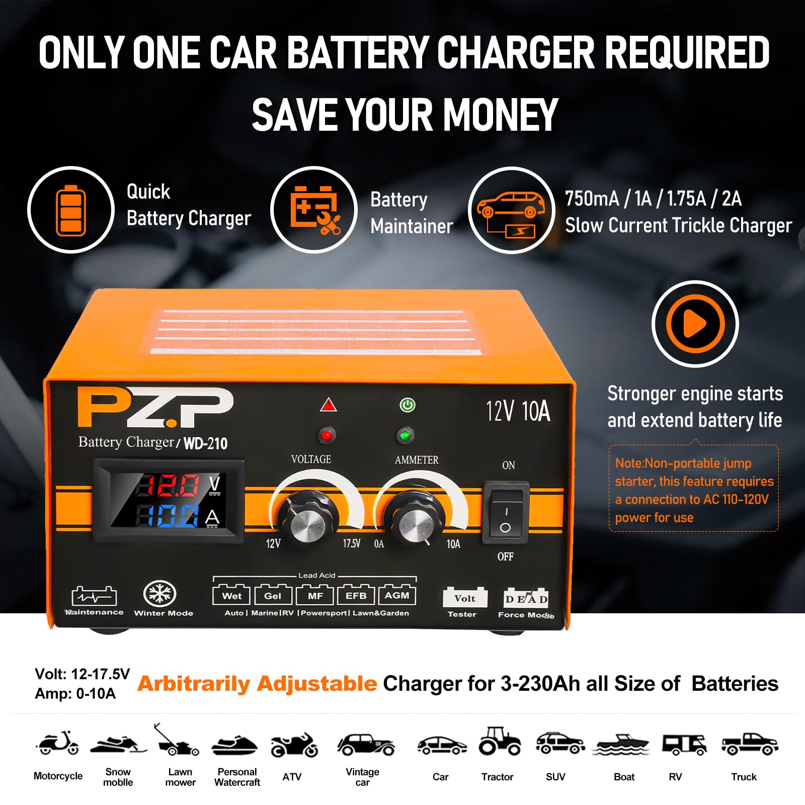 PZP 12V Manual Battery Charger Maintainer, 0 to 10A Arbitrarily Adjustable Car Battery Trickle Charger, Battery Desulfator with Repair, Winter Mode, Suitable for Lawn Mower, AGM, Deep Cycle Batteries