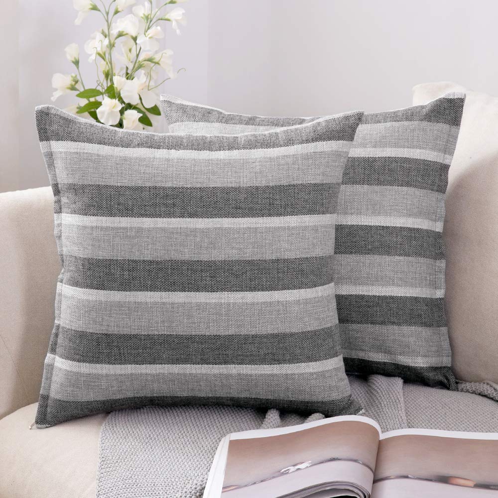 MIULEE Decorative Striped Throw Pillows Covers Classic Retro Linen Modern Farmhouse Pillow Cases for Couch Living Room Sofa Set of 2, 16x16 Inch Light Grey