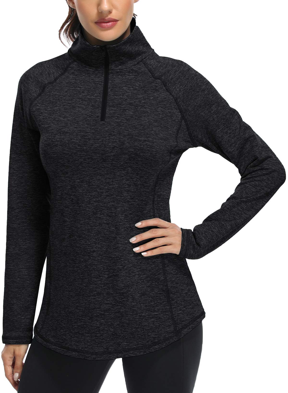 Miusey Long Sleeve Workout Tops for Women to Wear with Leggings,Ladies Hiking T-Shirt with Zipper Classy Plain Quick Drying Polo Pullover Stretch Athletic Pilates Cycling Tee Black2 M