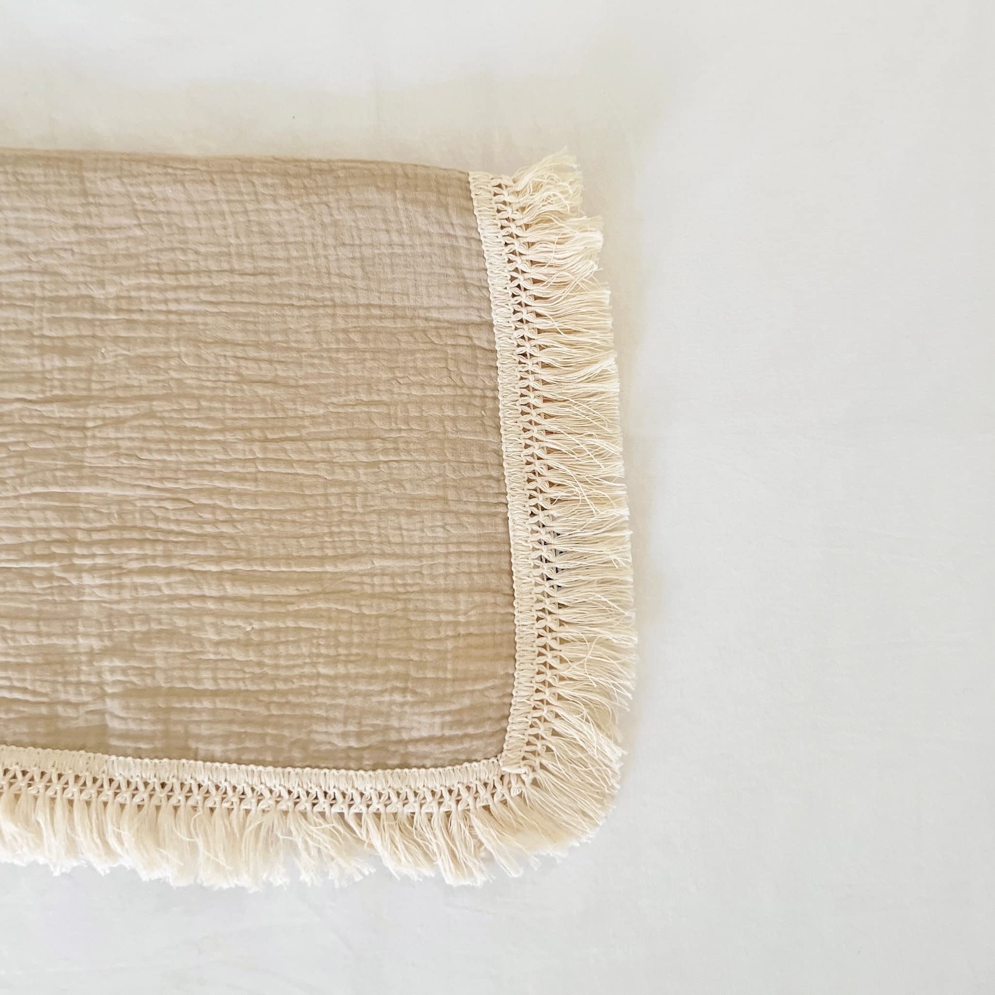 Muslin Cotton Baby Receiving Blanket with Fringe, Boho Bohemian Tassels, Nursery Decor, Boy or Girl Unisex Swaddle Wrap, Use as Throw or Nursing Fringed Blankets (Tan)