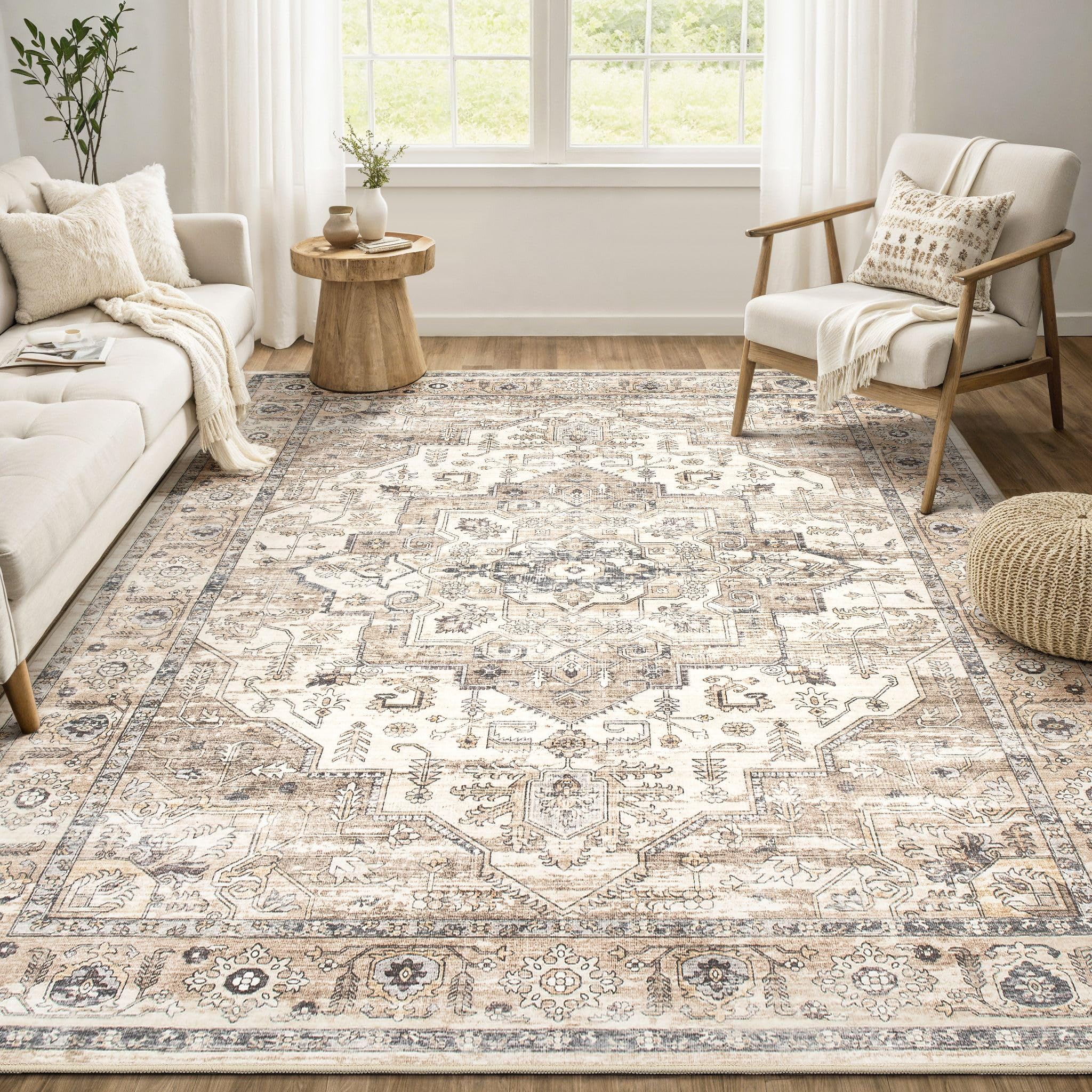 Washable Vintage Area Rug 5x7 - Soft Traditional Rug for Living Room, Bedroom, Dining Room or Home Office - Low Pile Farmhouse Oriental Retro Indoor Floor Carpet - Tea Brown