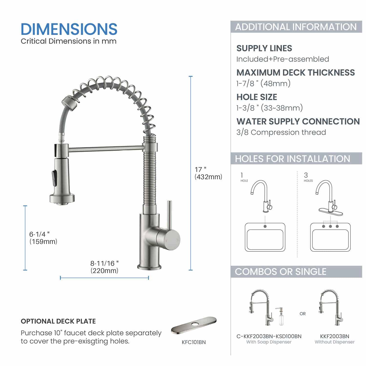 KIBI Aurora Single Handle Spring Pull Down Faucet for Kitchen Sink | Solid Brass High Arc Faucet Spout | Kitchen Faucet with Pull Down Sprayer (Brushed Nickel) (KKF2003) (Soap Dispenser included)