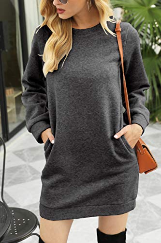 Miselon Womens Fleece Long Sweatshirts with Sleeves Round Neck Tunic Pullover Jumper (Dark Gray, Medium)
