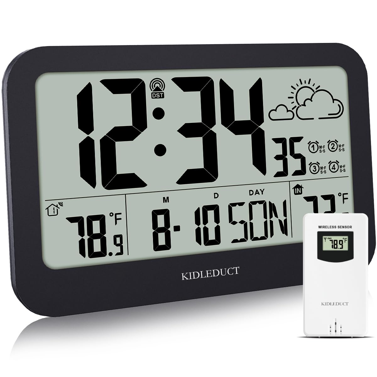 KIDLEDUCT Digital Wall Clock Battery Operated, Atomic Desk Clocks with Temperature Indoor Outdoor, 8.5" Large Display Weather Forecast Thermometer with 4 Alarms, 330ft Wireless