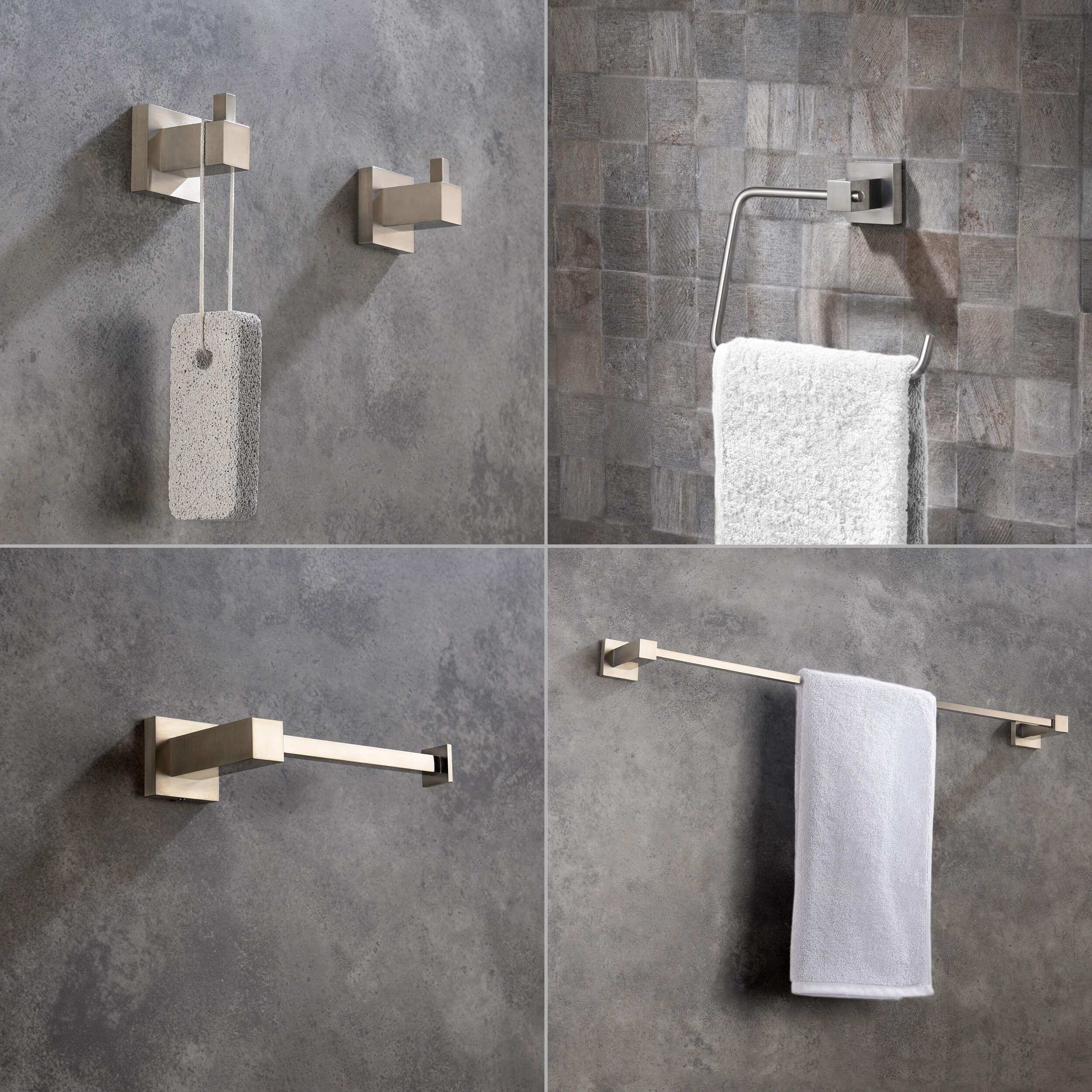 KIBI Cube Bathroom Hardware Set 5 Piece Bathroom Accessories Set | Towel Bar (24"), Towel Ring, Toilet Paper Holder, Robe Hooks (Brushed Nickel) (C-KBA15-5-1)