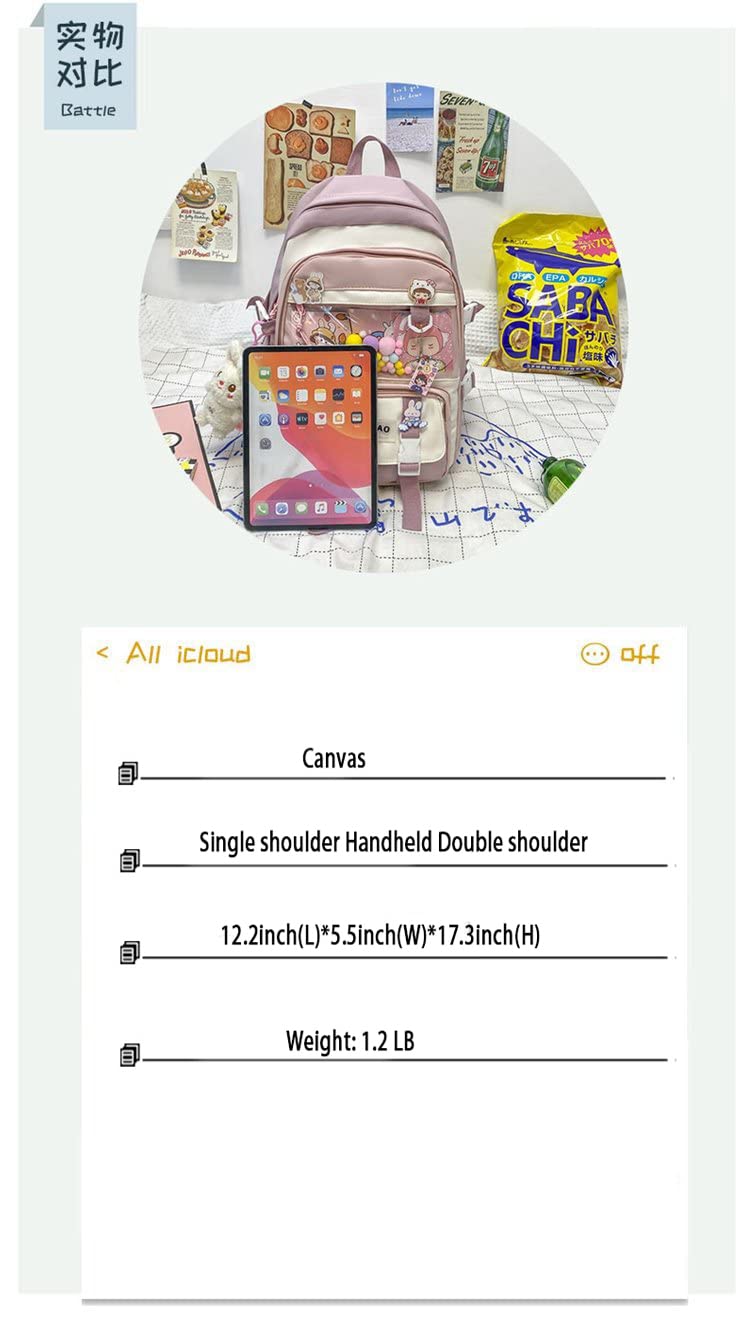 Kawaii Backpack Kawaii School Backpack Cute Aesthetic Backpack Cute Kawaii Backpack with Pendant Pins pink