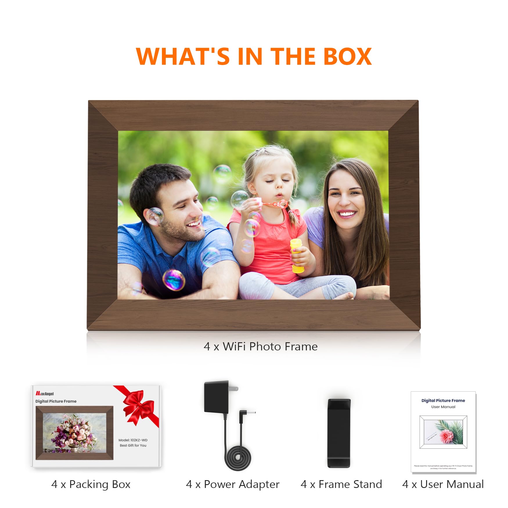 MaxAngel 4 Pack Digital Photo Frame 10.1 Inch WiFi Electronic Picture Frame IPS Touch Screen HD Display 32GB Storage SD Card Slot Auto-Rotate Slideshow Share Videos Photos Remotely Via Uhale App