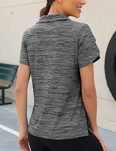 Viracy Golf Shirts Women, Collared T Shirts Overlap Short Sleeve 1/4 Zip Up Workout Tops Quick Dry Breathable Sun Protection Tops,Dark Grey-XL