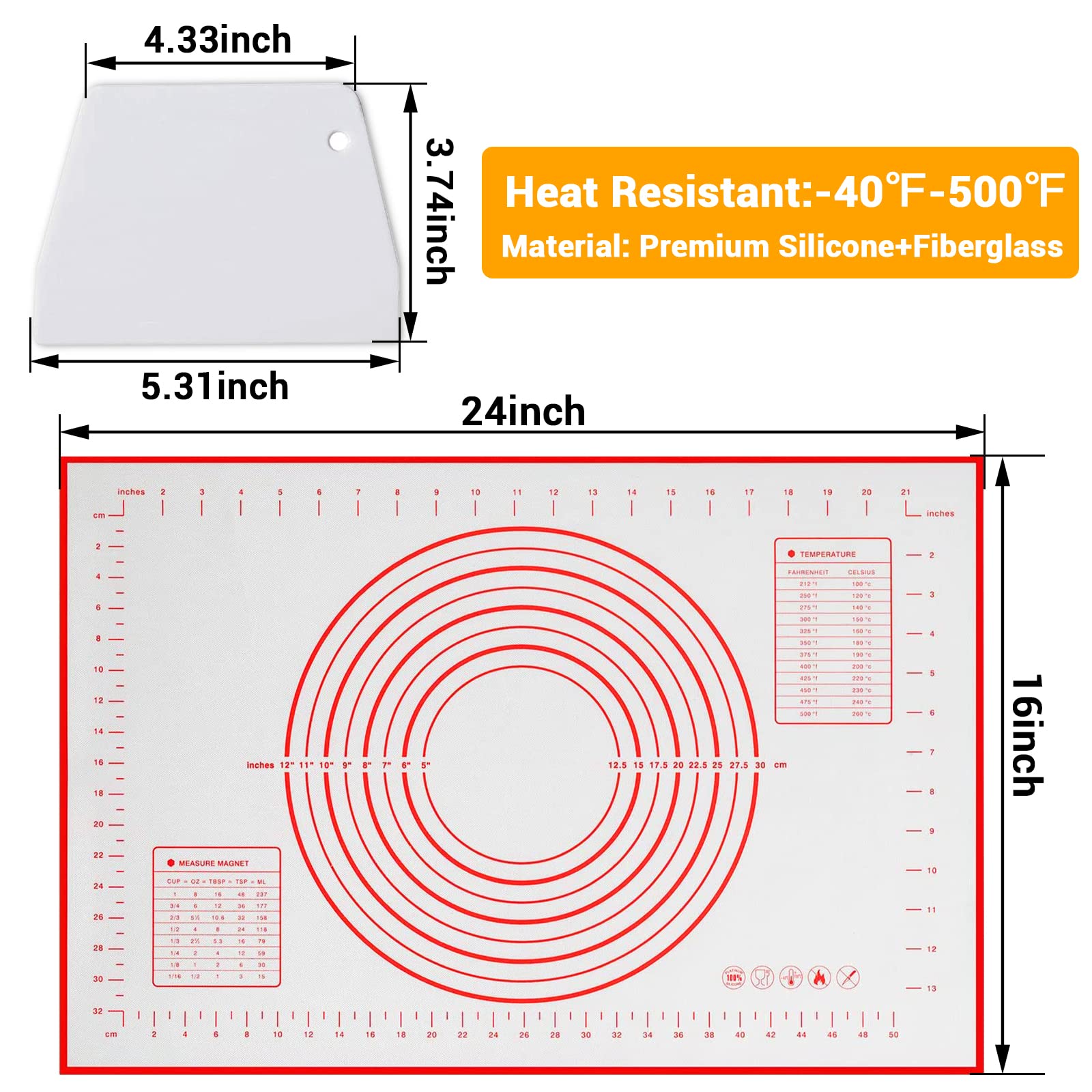 Silicone Baking Mat, Qidoe (16"x 24") Extra Thick Non Stick Baking Mat with Measurement Fondant Mat/Dough Rolling Mat/Counter Mat/Pizza Mat/Oven Liner/Pie Crust Mat Large Non Slip Cooking Pastry Mat
