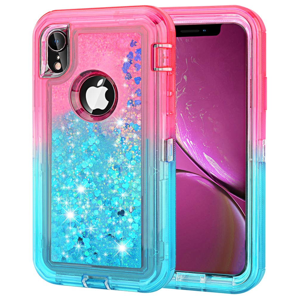 MAXCURY Glitter iPhone XR Case, Defender Flowing 3D Liquid Quicksand Heavy Duty Shockproof Case Hard PC + Gradient TPU Bumper Cover for iPhone XR in 6.1 Inch. (Pink/Blue)