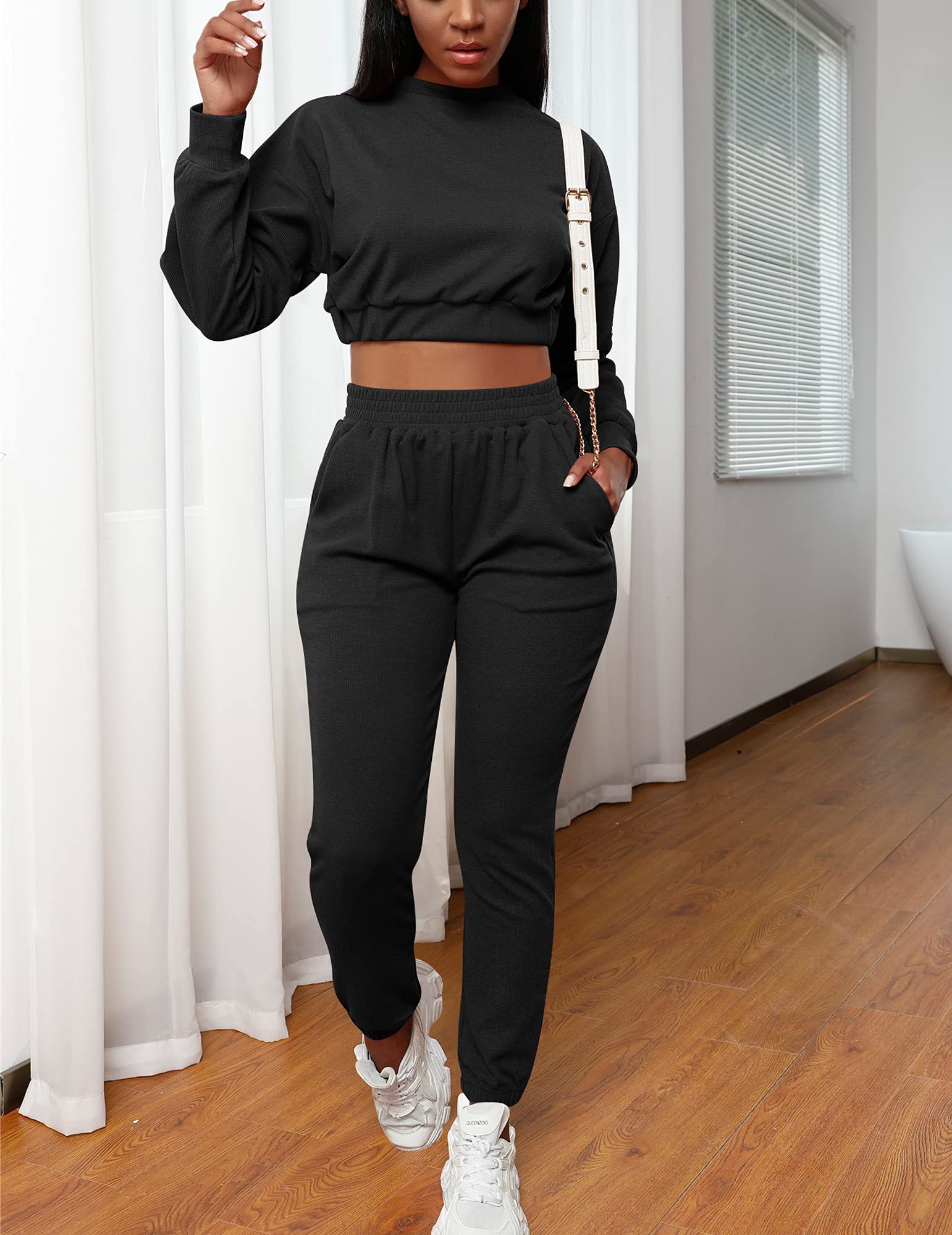 Mizoci Women's 2 Piece Outfits Lounge Jogger sets Long Sleeve Crop Top Pant Sweat Suit Tracksuit,Medium,Black