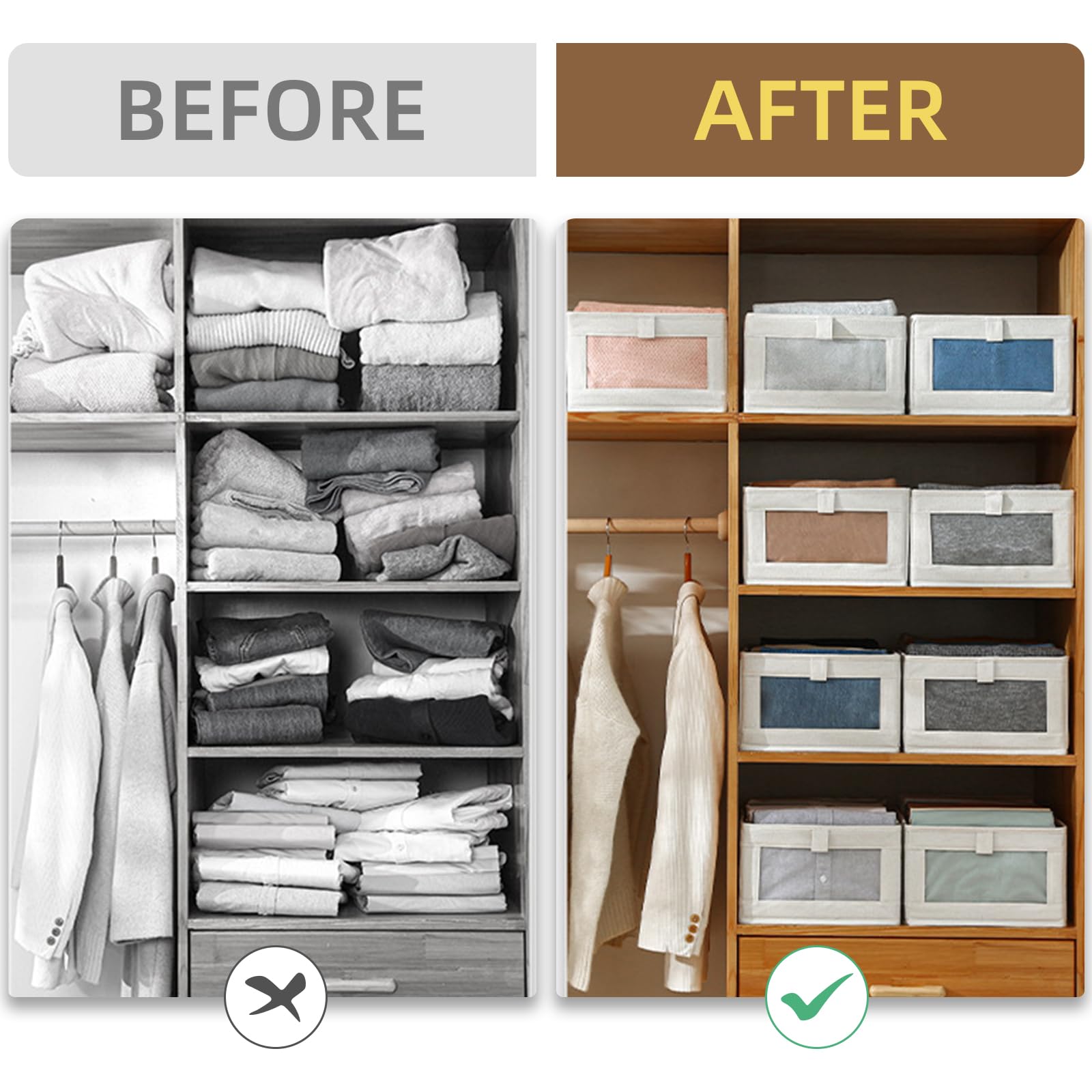 Linen Closet Organizers And Storage, 4 Pack Closet Storage Bins Linen Closet Baskets for Closet Organization Foldable Closet Organizer Bins with Clear Window For Organizing Clothing, Jeans, Shelves