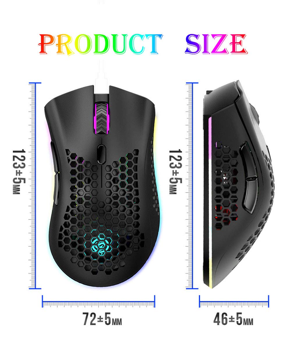 Lightweight Gaming Mouse,Wireless Rechargeable Ultralight Honeycomb Mice with RGB Chroma Backlit, Adjustable DPI,2.4G Wireless Ergonomic Optical Sensor Mouse Compatible for PC Mac Gamer (Black)