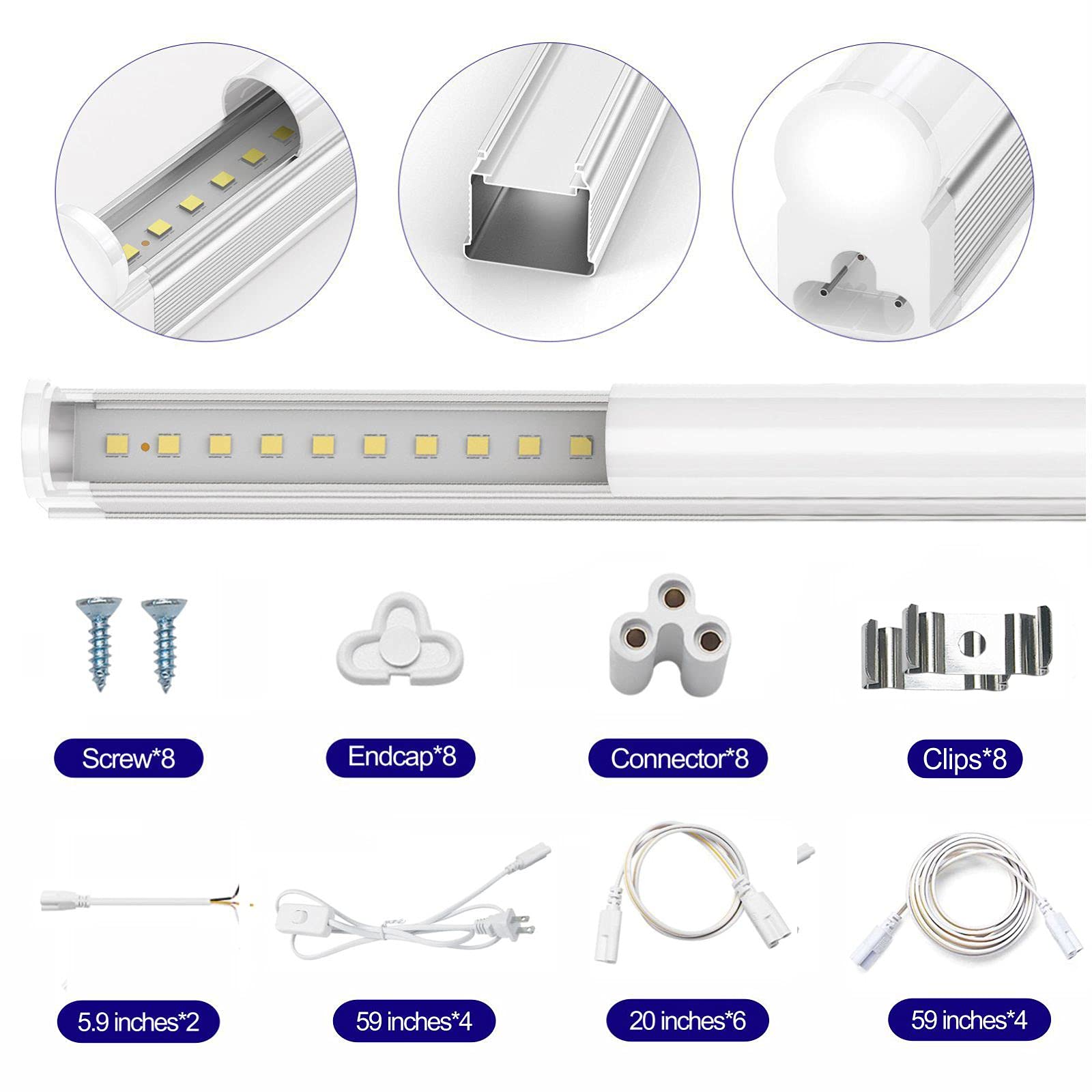 Linkable LED Shop Light, T5 LED Shop Light 4ft, Pack of 8, 24W, 2640LM, 6500K, Super bight White, Easy-Installation LED Lights for Garage,Workshop,Studio,Warehouse,Built-in On/Off Switch