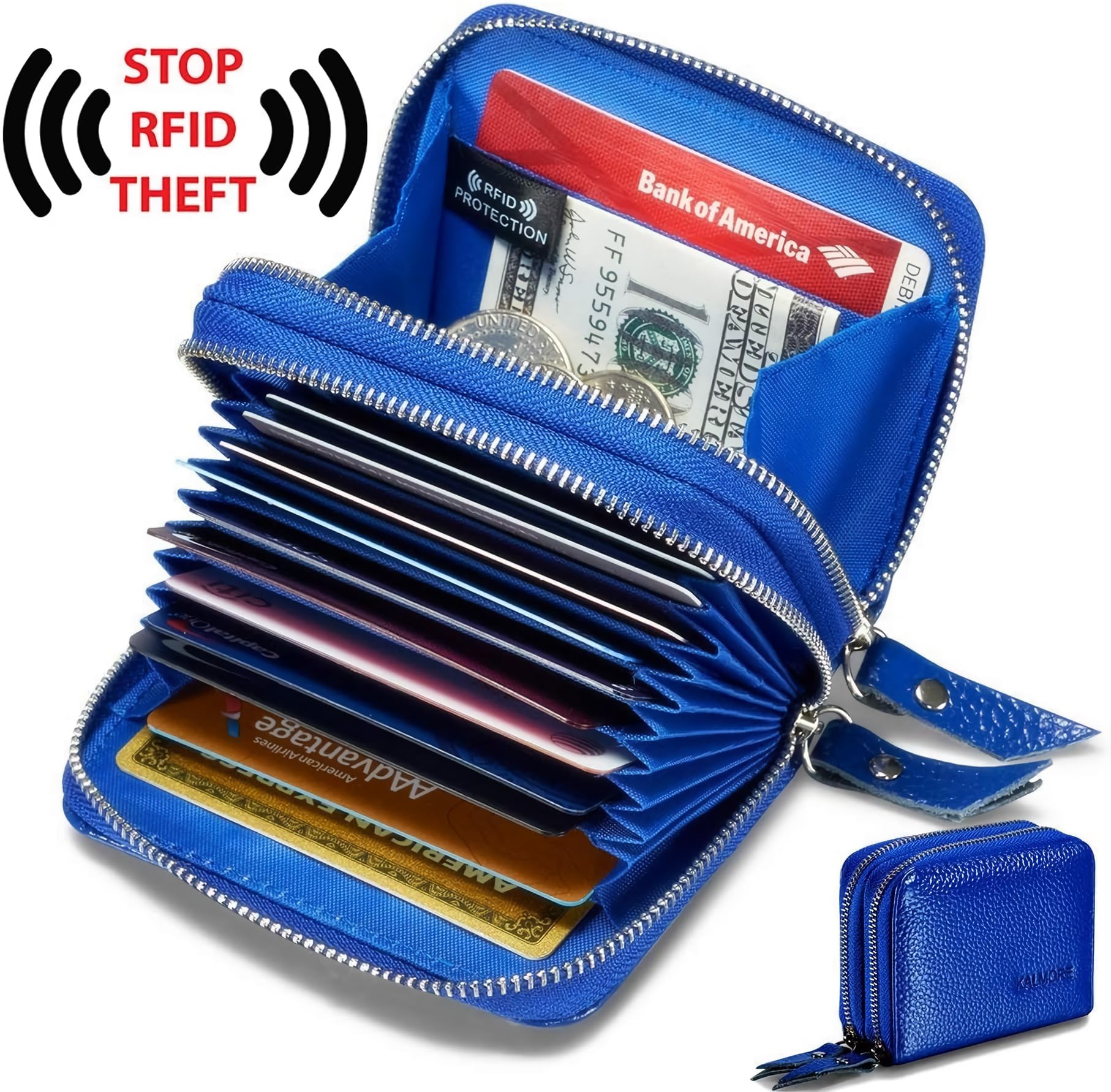 KALMORE Women's Leather RFID Secured Spacious Cute Card Wallet Small Purse, Blue, Two Zippers