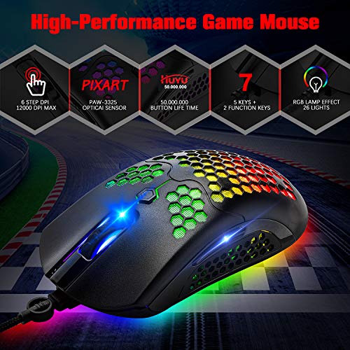 Lightweight Wired Gaming Mouse, 26 RGB Backlit Mice & 7 Buttons Programmable Driver ,PAW3325 12000DPI ,Ultralight Honeycomb Shell Ultraweave Cable Mouse Compatible with PC Gamers and Xbox and PS4