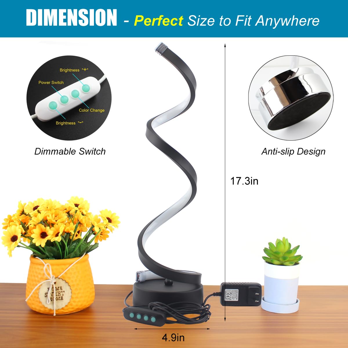 LENIVER LED Table Lamp, Modern Minimalist Dimmable Spiral Table Lamp, 12W 3 Color Bedside Lamp Desk Light for Bedroom, Living Room, Office, Nightstand, Bookshelf (Black)