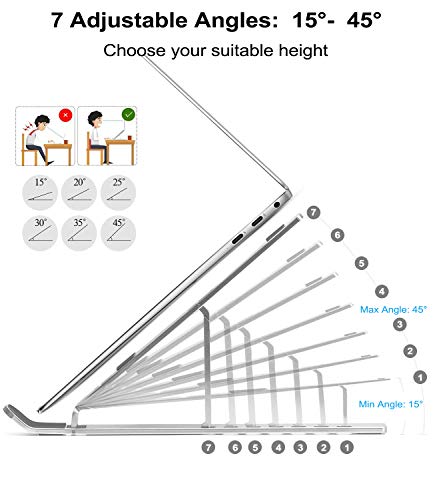 Laptop Stand for Desk, Ergonomic Aluminum Laptop Riser 7 Adjustable Height Foldable Portable Notebook Computer Stand for 8-18" Laptop Tablets Compatible with MacBook Air Pro, HP Sliver