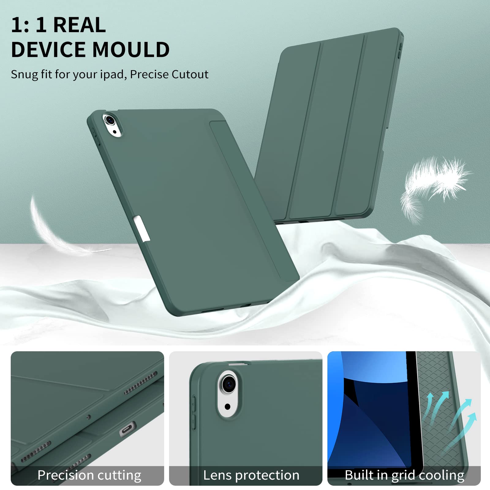 KenKe Case for iPad Air 5th Generation (2022) / iPad Air 4th Generation (2020) 10.9 Inch with Pencil Holder, Support Touch ID, Smart Stand Soft TPU Back Cover, iPad Air 5/4 10.9 inch Case, Dark Green