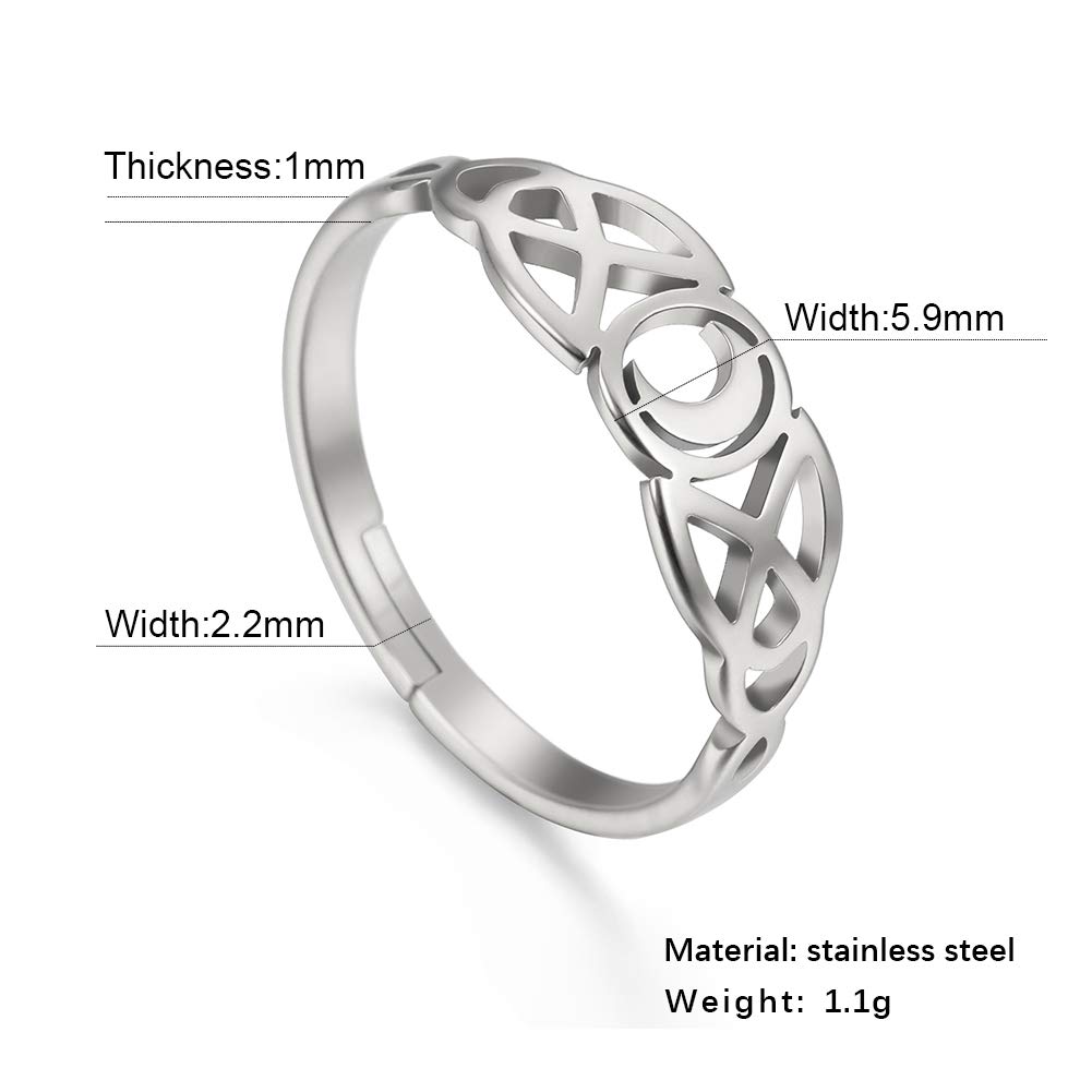 LIKGREAT Celtic Trinity Knot Moon Adjustable Ring Stainless Steel Band for Women (silver tone)