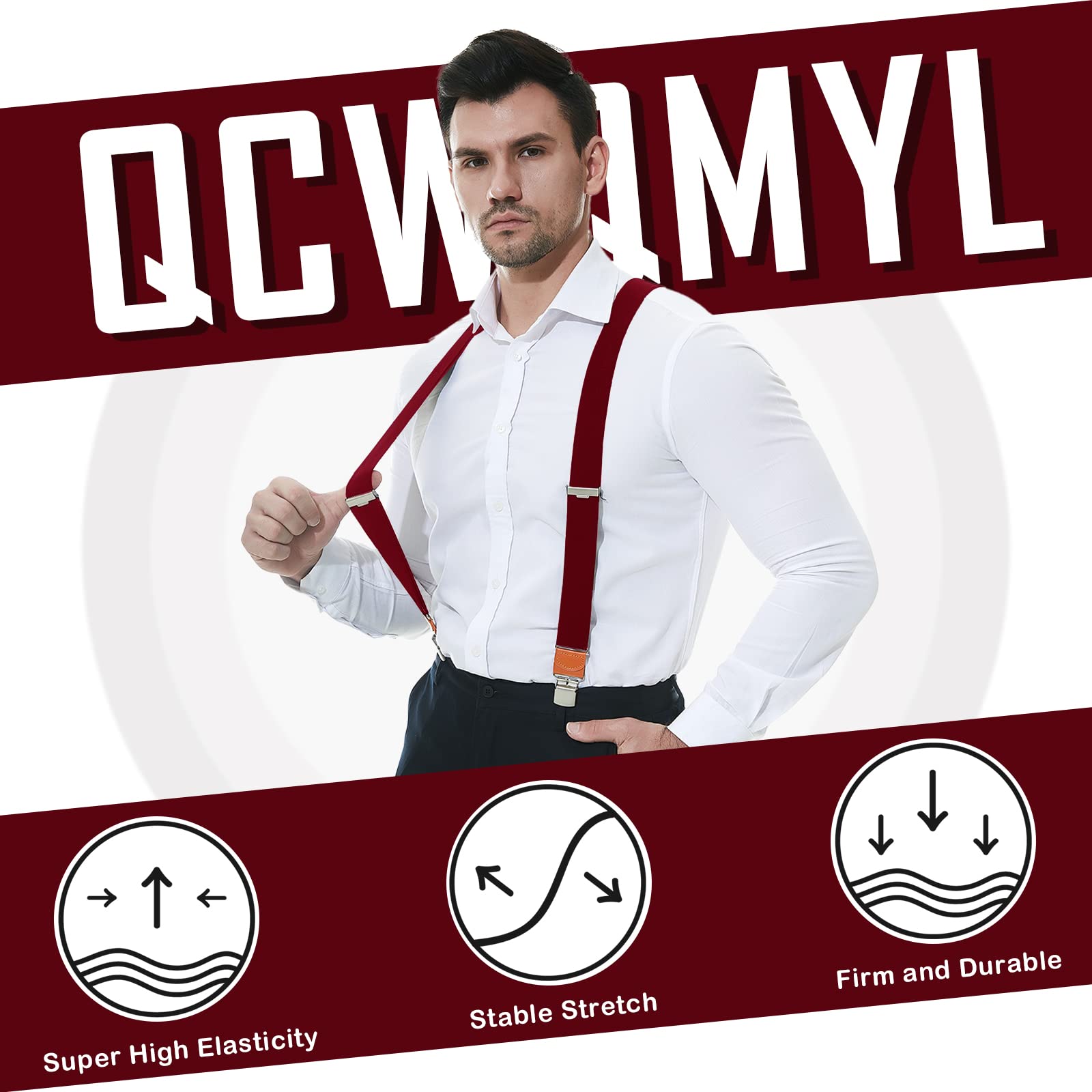 QCWQMYL Black Suspenders for Men Heavy Duty Clips Elastic Adjustable Straps Vintage X Back Leather Suspenders for Men Big and Tall