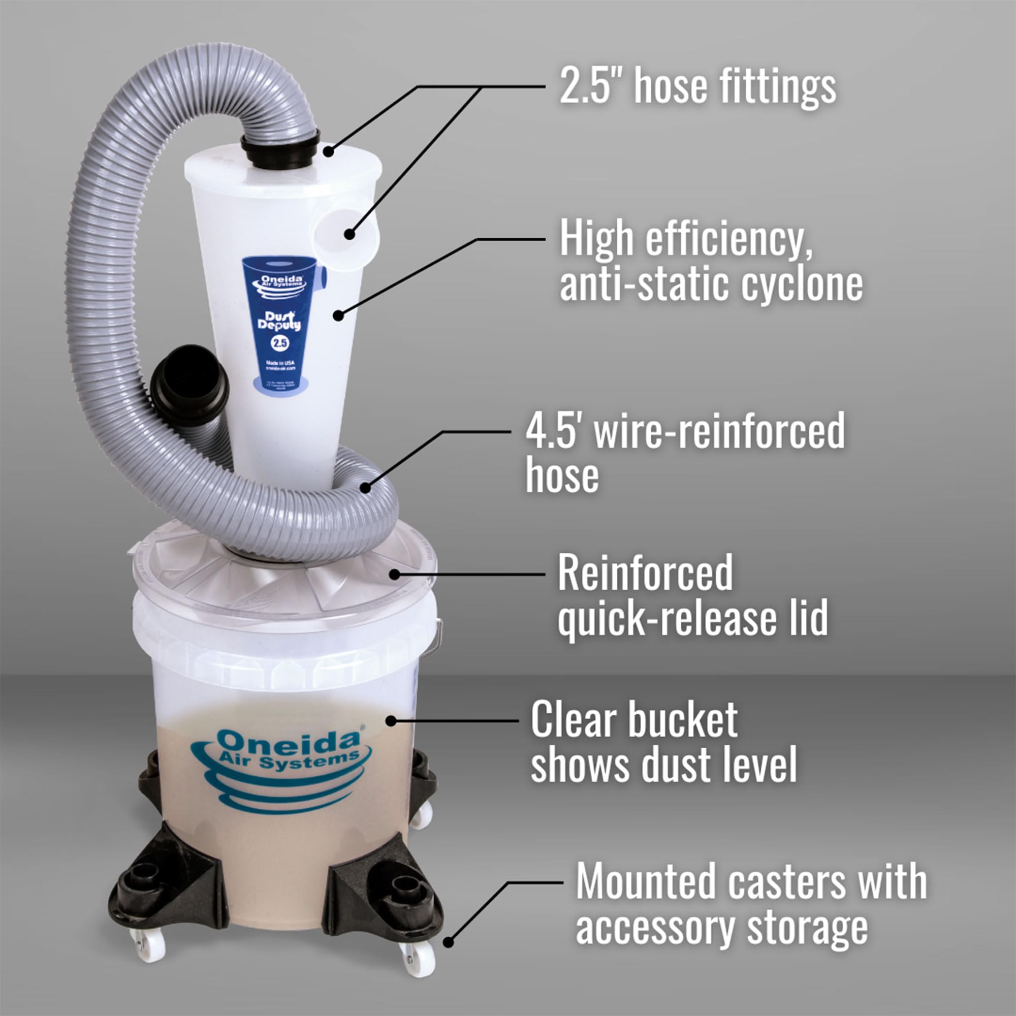 Oneida Air Systems Dust Deputy 2.5 Deluxe Cyclone Separator Kit: Portable Collector with Clear Bucket for Wet/Dry Shop Vacuums (DD 2.5 Deluxe 5-Gal)