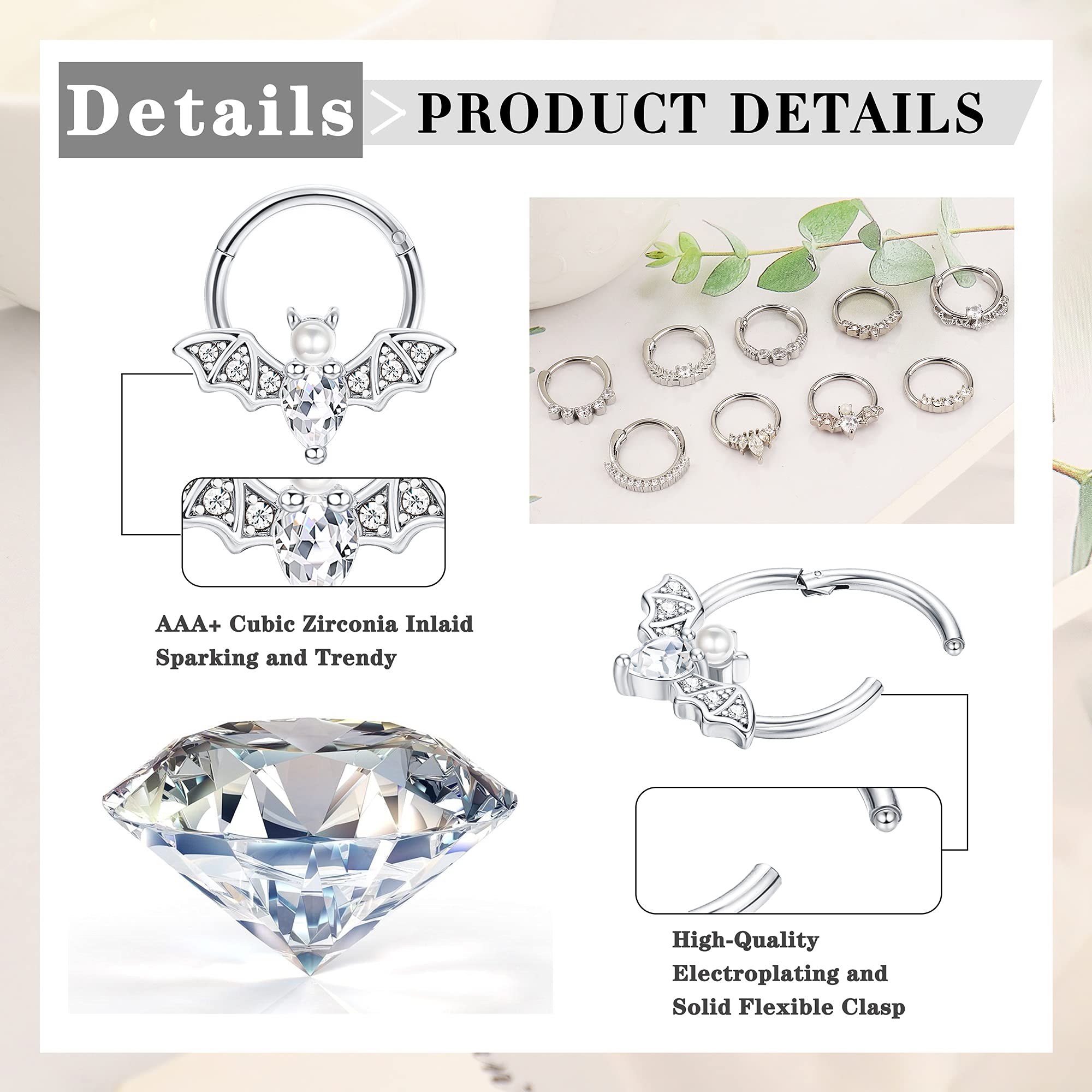 LOYALLOOK 9PCS 16G Septum Clicker Ring Stainless Steel Bat CZ Nose Ring Hoop Tragus Helix Cartilage Earrings Daith Hoop Hinged Segment Clicker Ring Ear Nose Conch Piercing Silver Tone 10MM