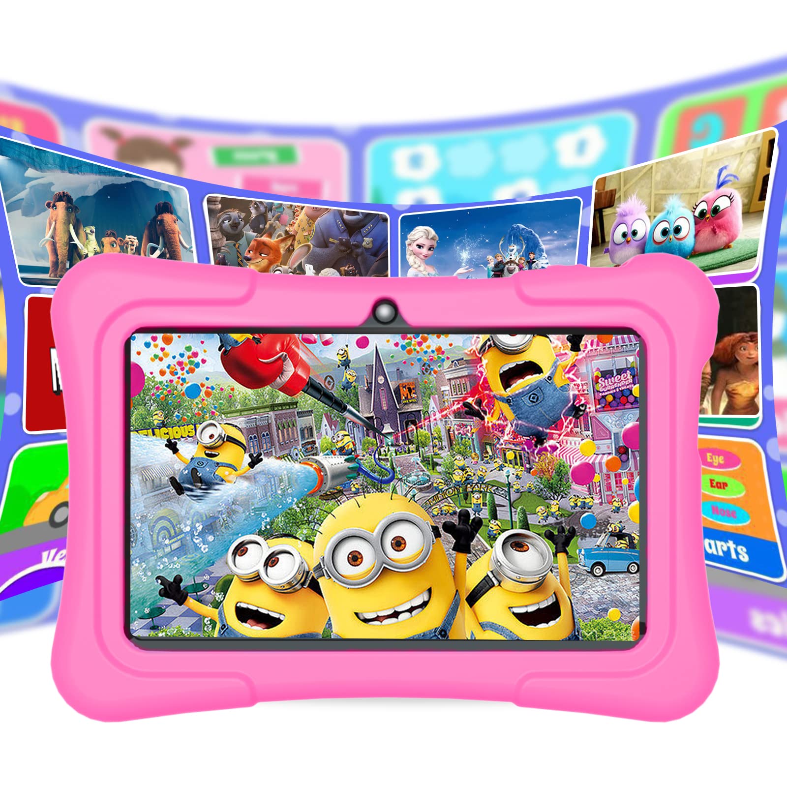 Kids Tablet, 7 inch Android Tablet for Kids, 6GB RAM 32GB ROM Toddler Tablets with Case, Bluetooth, WiFi, Parental Control, 2MP+2MP Dual Camera, FM, Educational, Games (Pink)