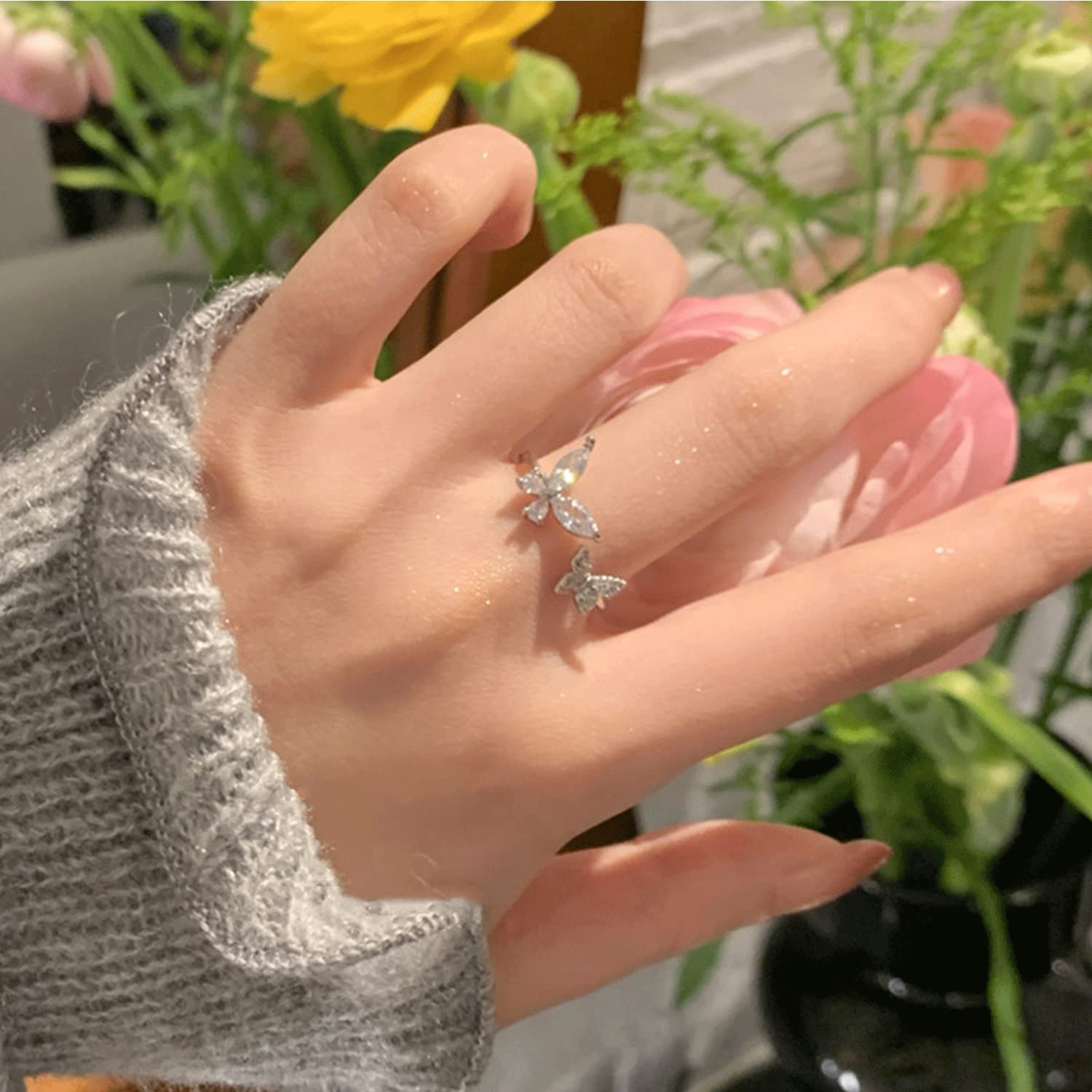 NORLSO Silver Butterfly Ring Dainty Crystal Zircon Butterfly Ring Cute Butterfly Open Rings Adjustable Rings Statement Rings Promise Engagement Ring for Women Bride (Silver)