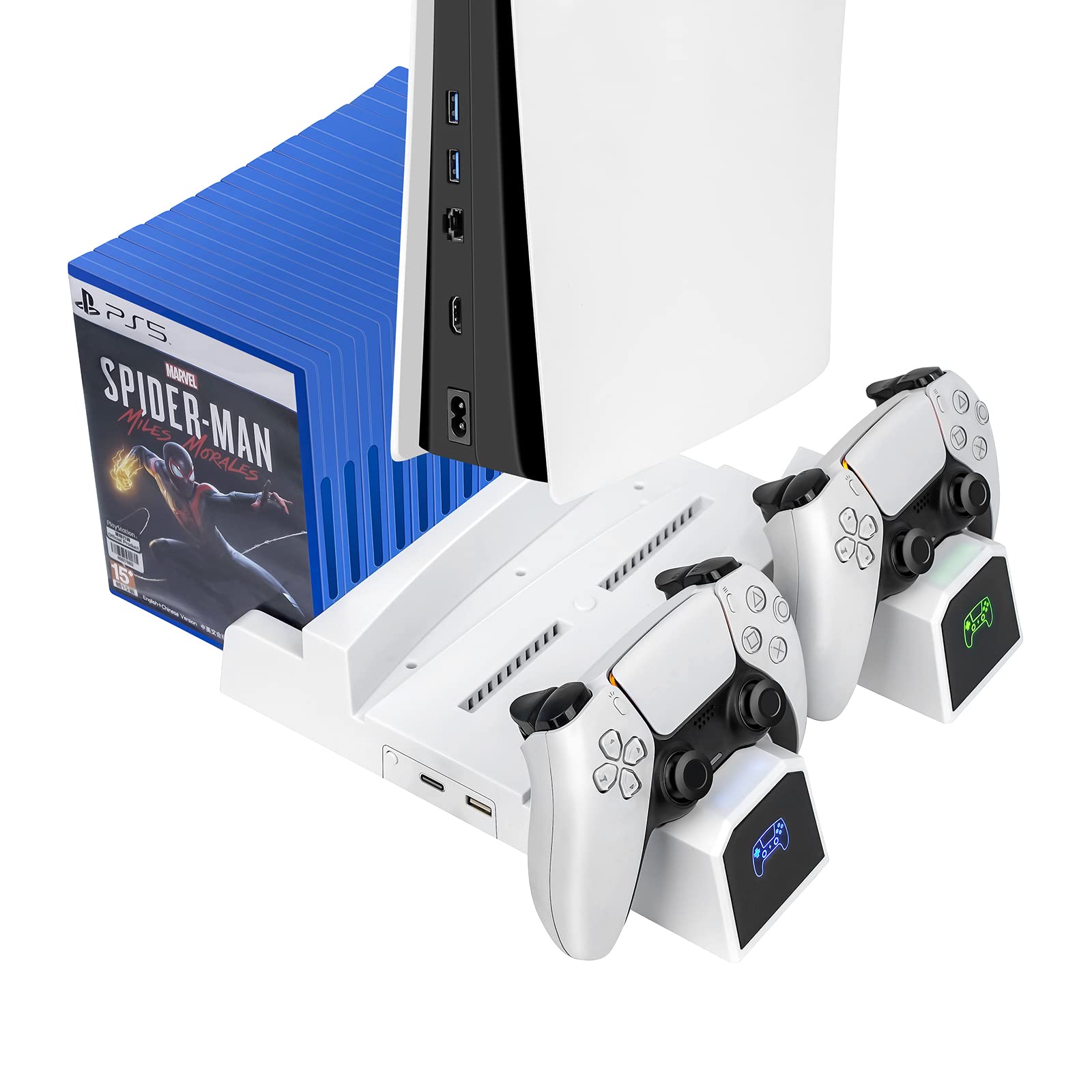 PS5 Cooling Station with Controller Charger for Disc & Digital Version, Playstation 5 Vertical Cooling Stand with Cooler Fan, PS5 Charging Station, Playstation 5 Cooling Station with 12 Game Slots