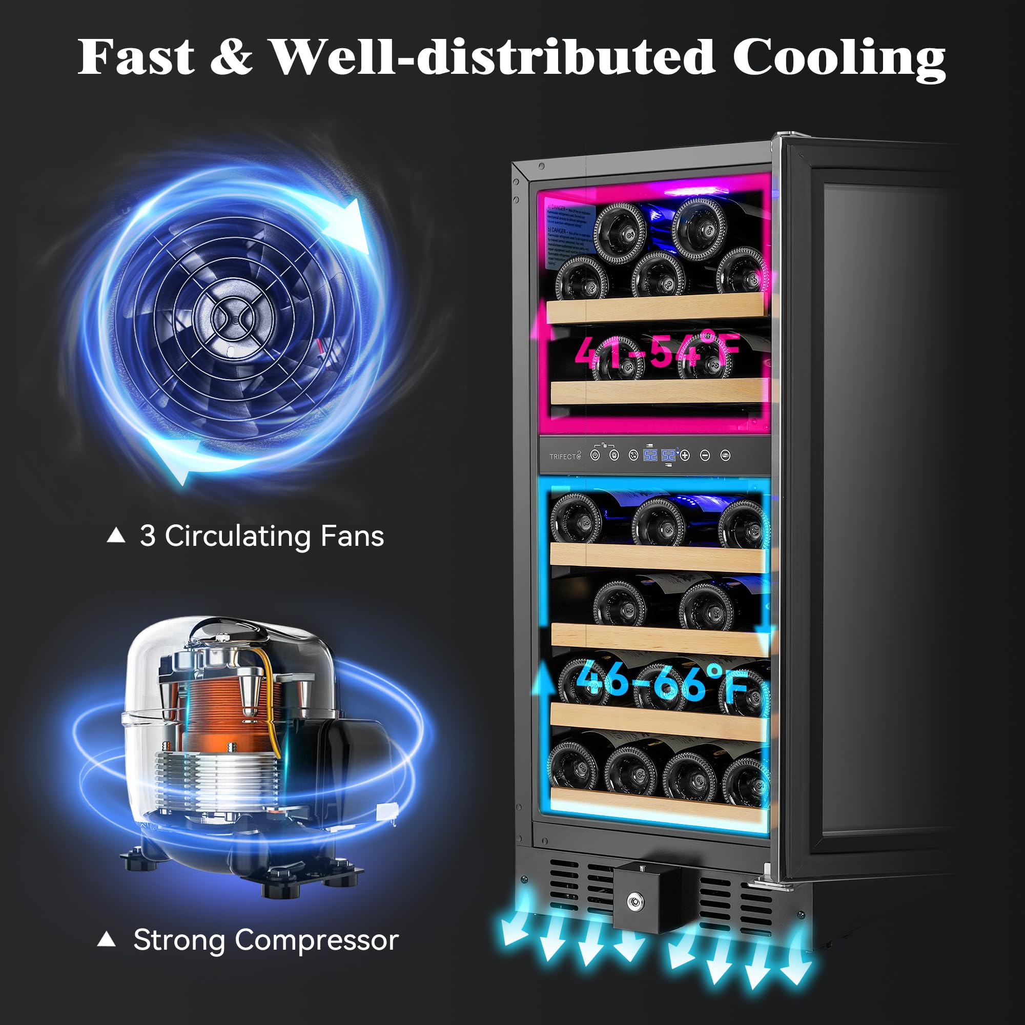 TRIFECTÉ Wine Cooler Refrigerator 15", 31 Bottles Dual Zone Wine Fridge, Built-in or Freestanding Small Wine Cellar with Compressor & Reversible Stainless Steel Tempered Glass Door