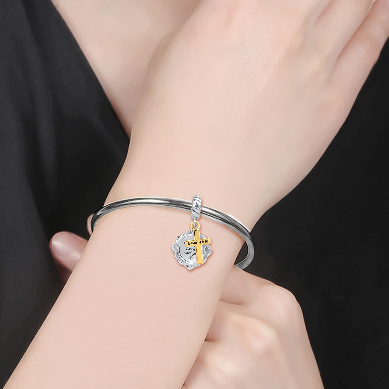 QeenseKc Religious Cross Dangle Charm Bible Verse Quote Isaiah 41:10 Scripture Gold Bead for Pandora Bracelet, Aut-54_Bible_Isaiah