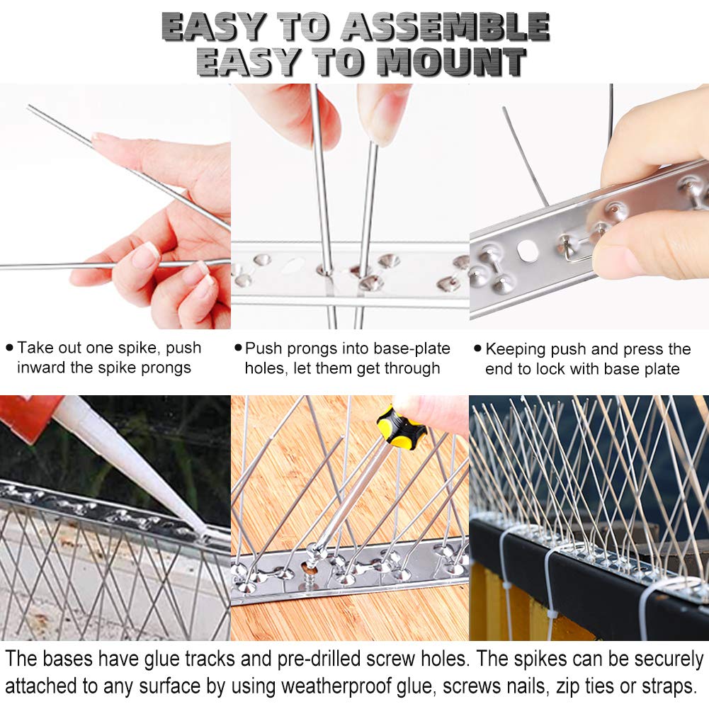 LANNEY Bird Spikes, 10 Strips Stainless Steel Bird Deterrent Pigeon Spikes for Outside to Keep Birds Away, Anti Bird Repellent Spikes Control Kit Cover 10.8 Feet, Unassembled