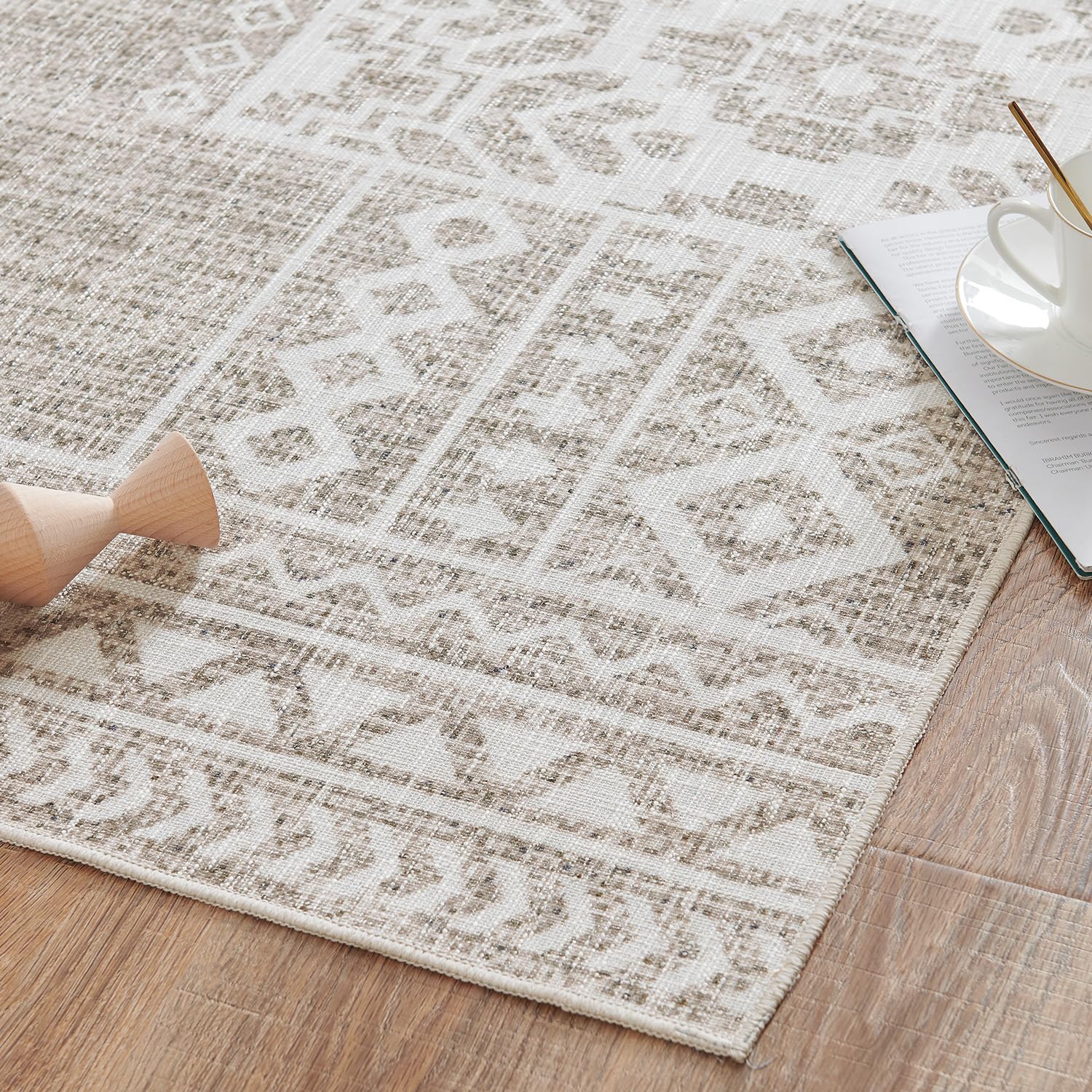 jinchan Area Rug - 4x6 Ultra-Thin Washable Rug, Vintage Living Room Rug, Boho Rug Geometric, Non-Slip Non-Shedding Carpet for Kitchen Bedroom(4x6ft, Brown Ivory)
