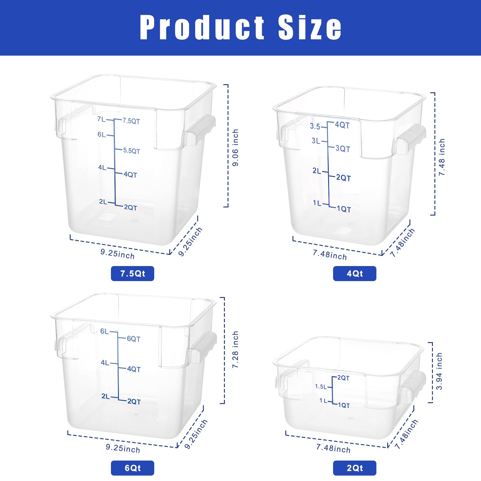 Kigley 4 Pcs Food Storage Containers with Lids Set 2 Qt 4 Qt 6 Qt 7.5 Qt Clear Square Commercial Food Storage Container with Scale Handle for Home Restaurant Kitchen Food Prep(Red)
