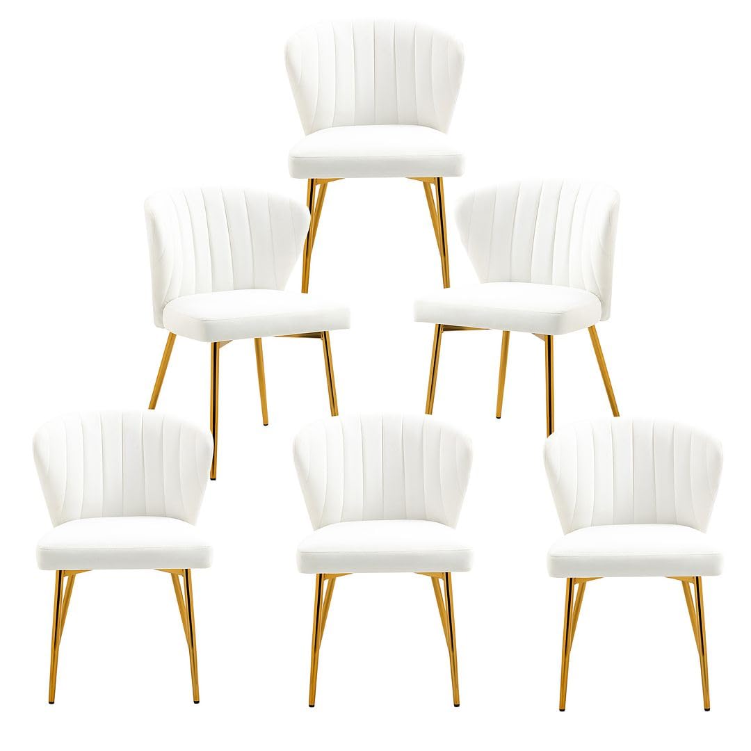 KASUE Dining Chairs Set of 6, Velvet Upholstered Dining Chairs with Gold Metal Legs, Modern Accent Chairs for Living Room, Dining Room, Kitchen (White)
