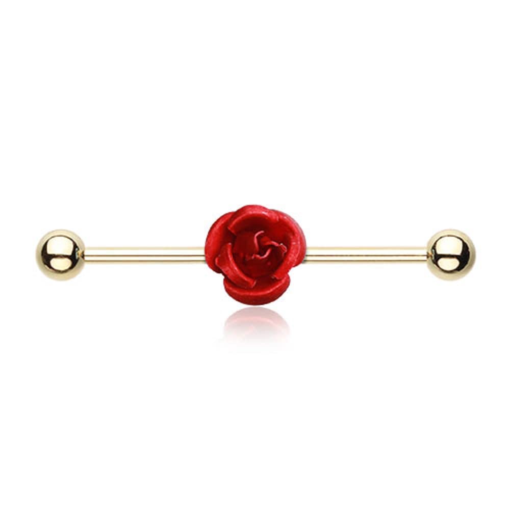 Pierced Owl 14GA Gold Plated Stainless Steel Rose Flower Center Industrial Barbell