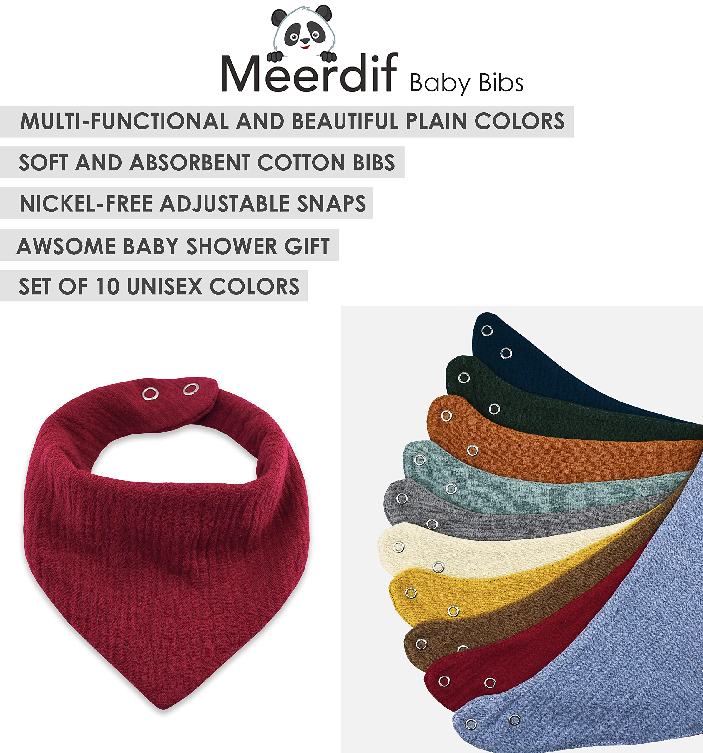 Meerdif Muslin Baby Bibs 10 Pack Baby Bandana Drool Bibs for Unisex Boys Girls, 100% Cotton 10 Solid Colors Set (Multi Color)