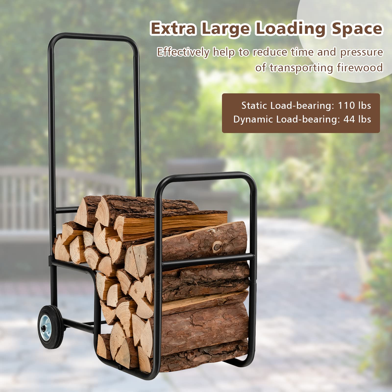 Safstar Firewood Log Cart Carrier, 2.9ft/35β Height Wood Rack Storage Mover w/2 Rubber Wheels & Ergonomic Handle, Heavy-Duty Steel Fireplace Log Carrier Mover, Rolling Firewood Cart for Indoor Outdoor