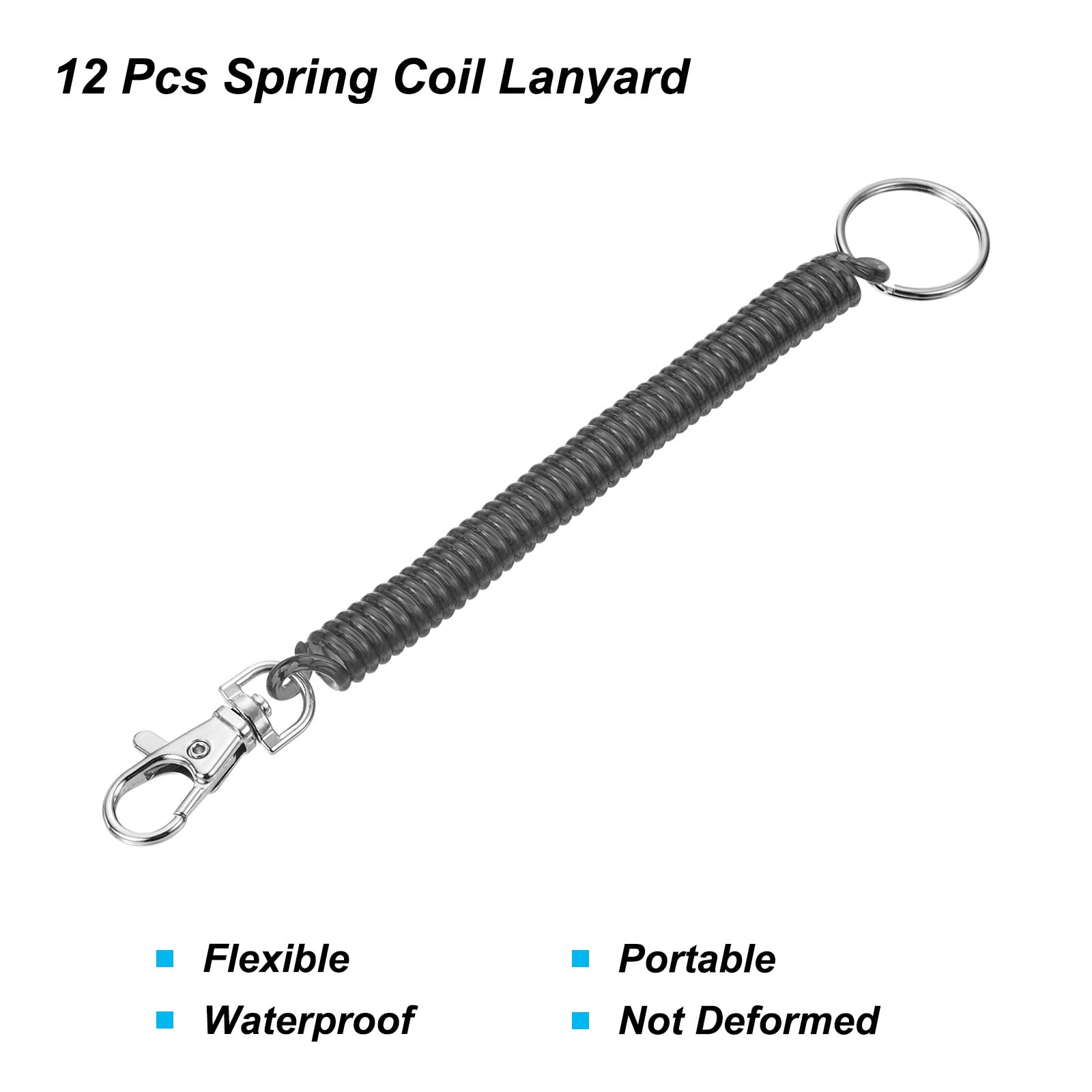 PATIKIL 3.3ft Spring Coil Keychain, 12 Pack Spiral Fishing Lanyard Stretch Cord Retractable with Metal Clasp and Keyring for Keys Tackle Tool, Grey