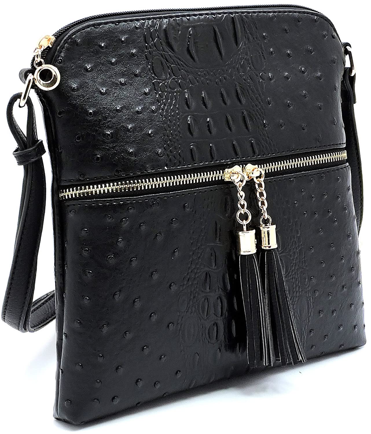 Ostrich Croc Tassel Zipper Pocket Crossbody Bag Animal Pattern Printed Shoulder Bag Womens Purse Satchel (Beige)