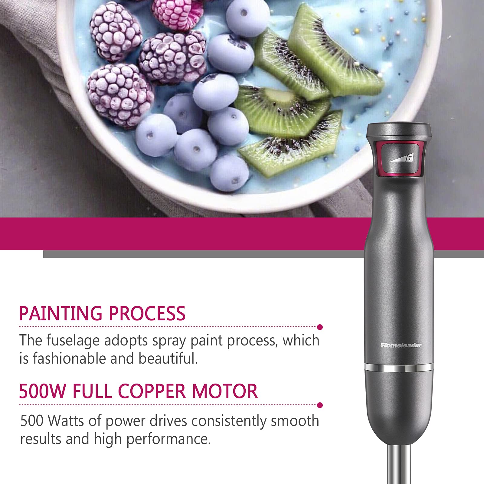 Immersion Blender Handheld, 500W Portable Hand Blender, Smart Pressure Speed Control, Easy Control Grip Stick Mixer Perfect for Smoothies, Baby Food & Soup, Gray