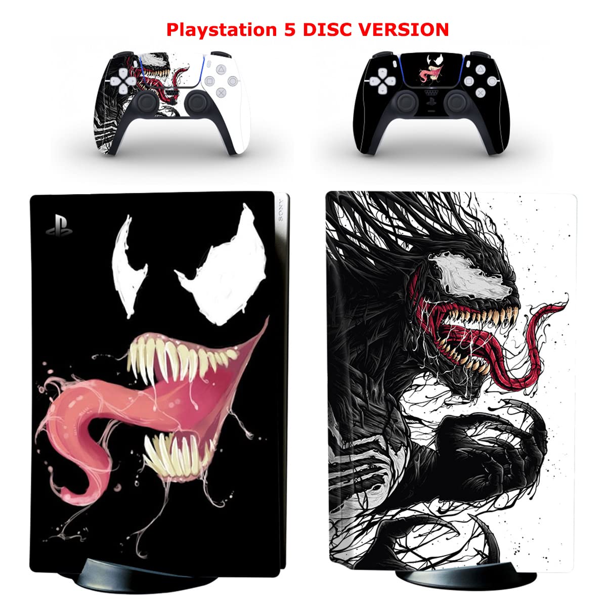 PS5 Skin Sticker for Console and 2 Controllers Full Vinyl Decal Protective Cover Faceplate for Venom Compatible with PS5 Disk Edition, for Adults Men Boys, Black