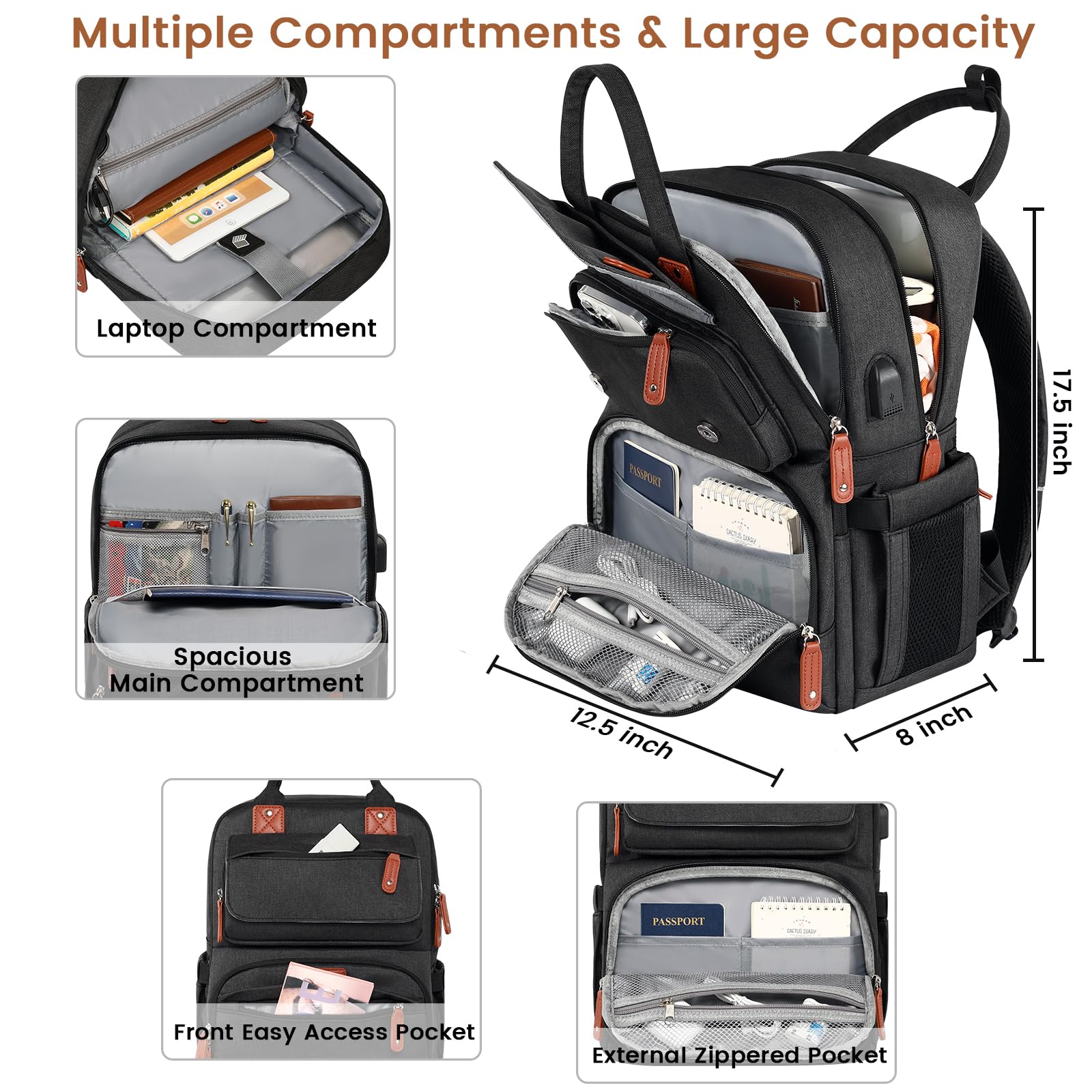 Men's Laptop Backpack, 15.6 Inch Work Backpack for Men & Women, Men's Backpack Purse with USB Charging Port, Teacher Doctor Backpack for Work, Water Resistant College Students Bookbags.