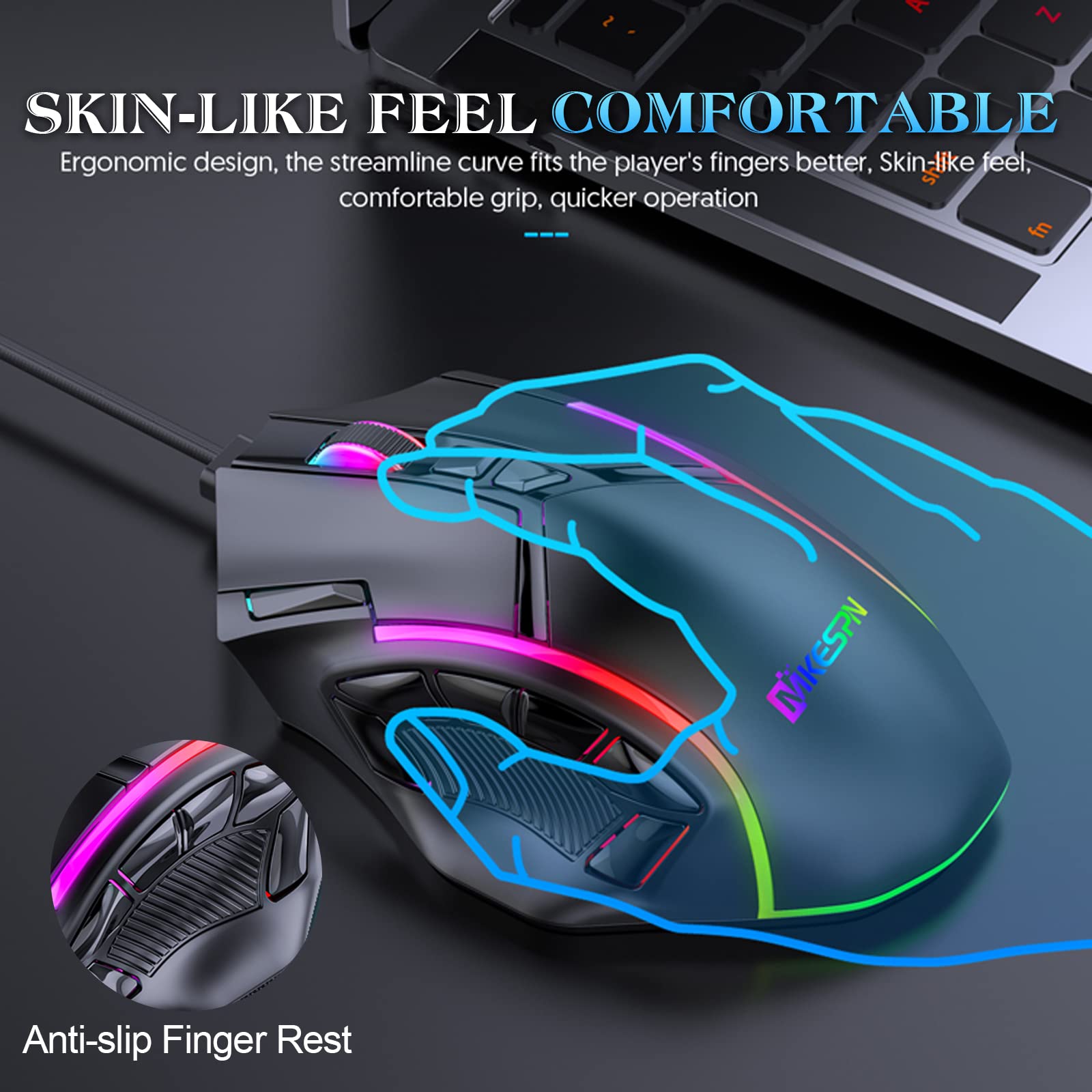 Scettar C44 programmable Wired Gaming Mouse with Side Buttons，6 DPI Level Adjustable、13kind of RGB Mouse ，12 Programmable Mouse Buttons，1000HZ Response Rate, Compatible with PC/Mac
