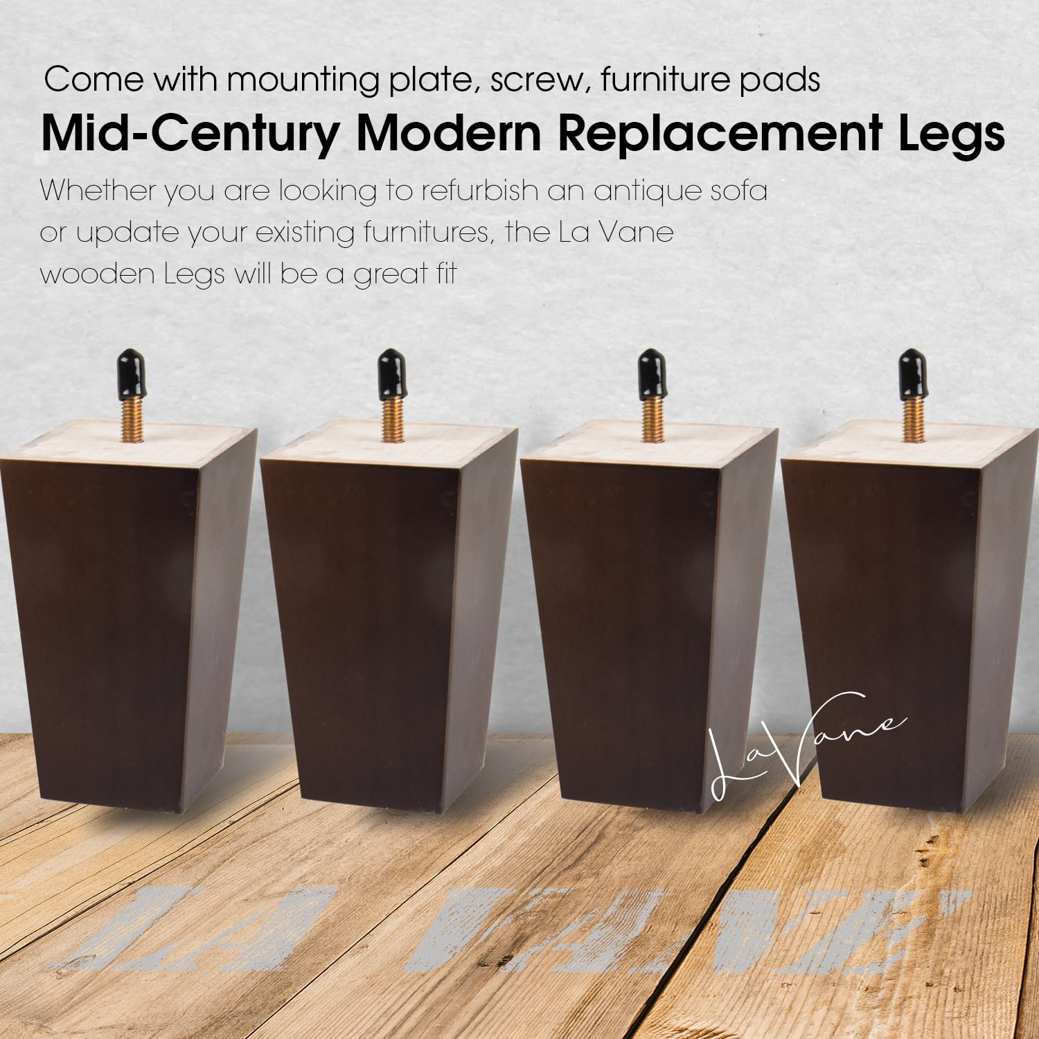 La Vane 5 inch Wooden Furniture Legs, Set of 4 Solid Wood Square Walnut Mid-Century Modern M8 Replacement Bun Feet with Pre-Drilled 5/16 Inch Bolt & Mounting Plate & Screws for Couch Sofa Armchair