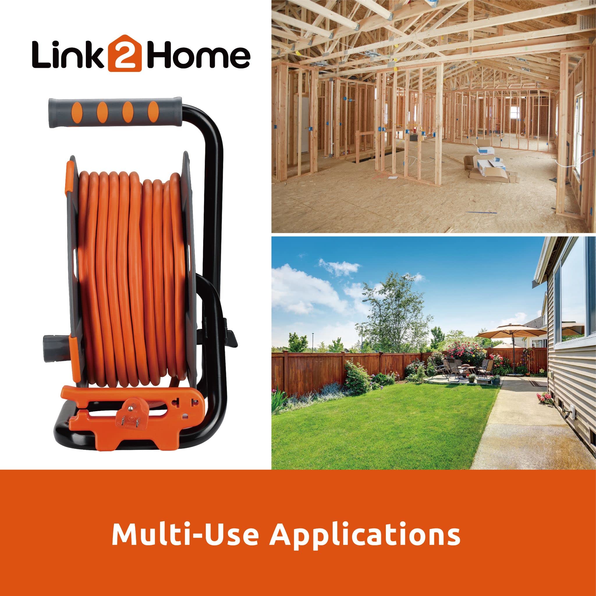 Link2Home Cord Reel 80 ft. Extension Cord 4 Power Outlets β 14 AWG SJTW Cable. Heavy Duty High Visibility Power Cord.
