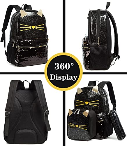 Meetbelify Backpack for Girls Backpacks Kids Sequin Bookbag for Elementary Preschool Student Laptop Bag with Lunch Box 16inch Cat