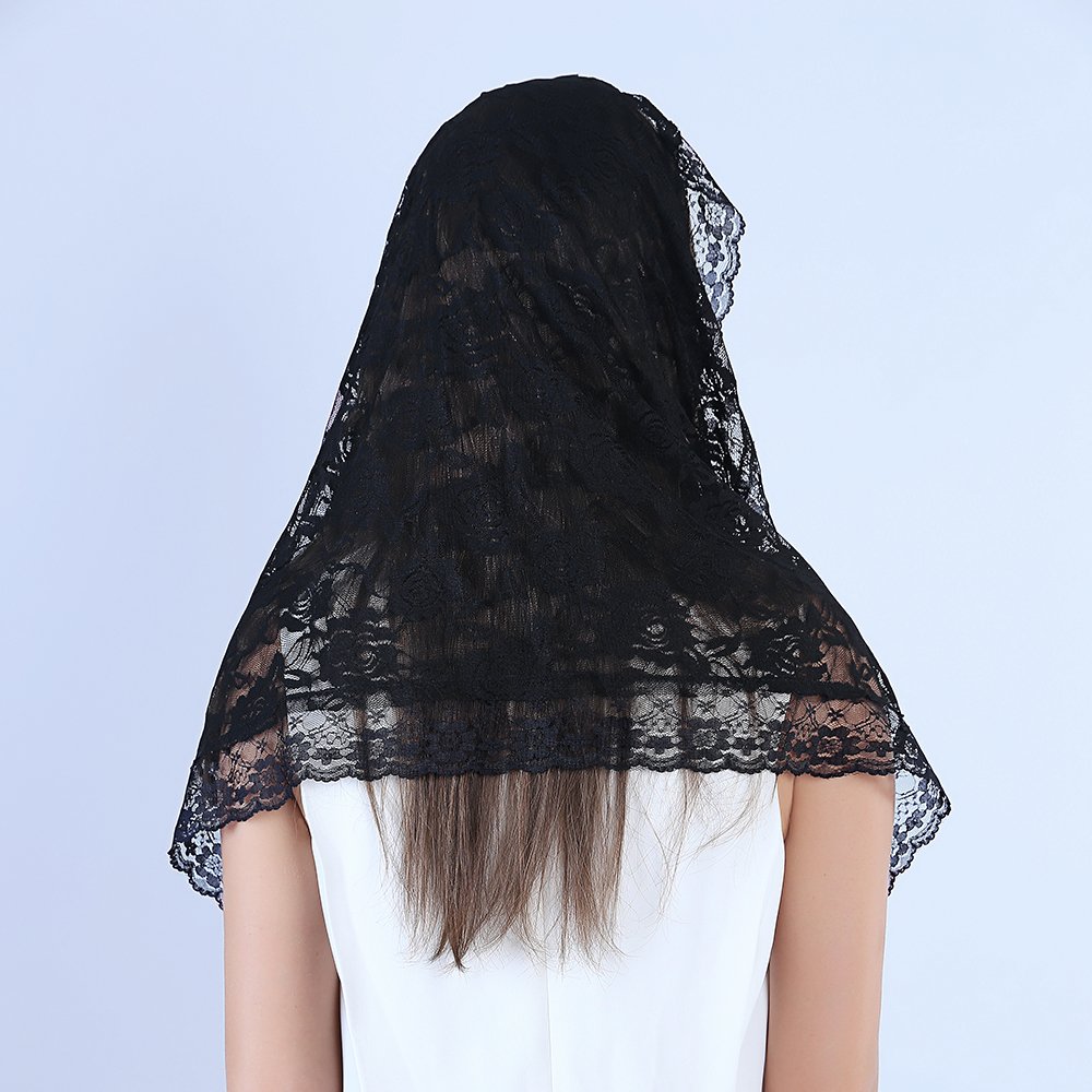 Lace Mantilla Catholic Veil Church Veil Chapel Veil Head Covering Latin Mass (Black)